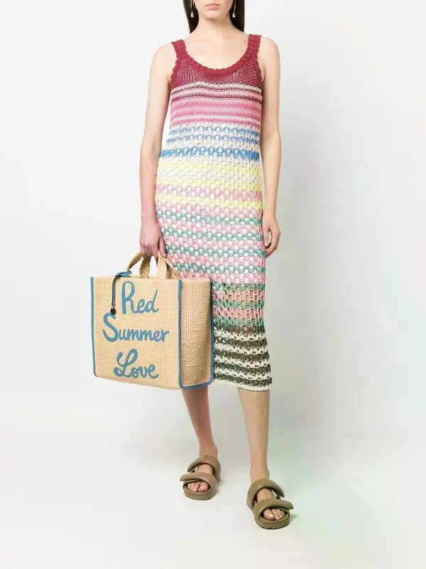 Red Valentino Slogan Straw Tote Bag