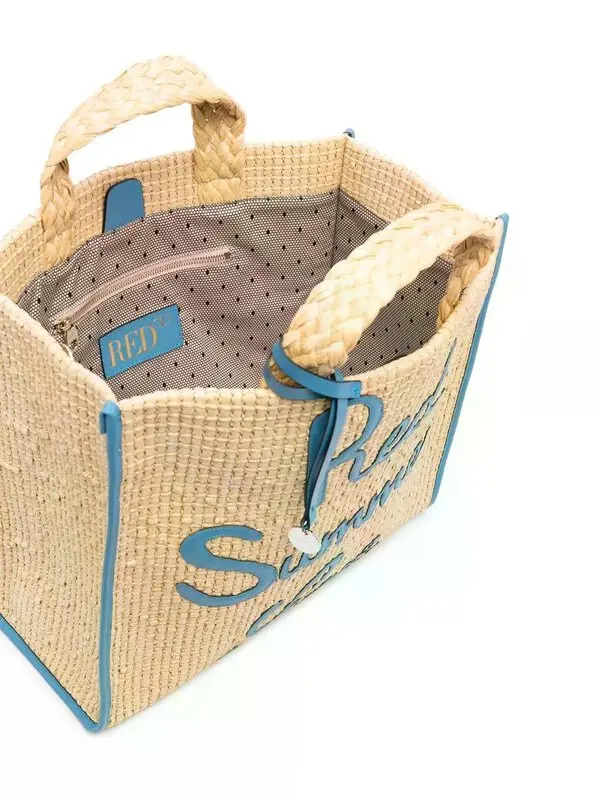 Red Valentino Slogan Straw Tote Bag