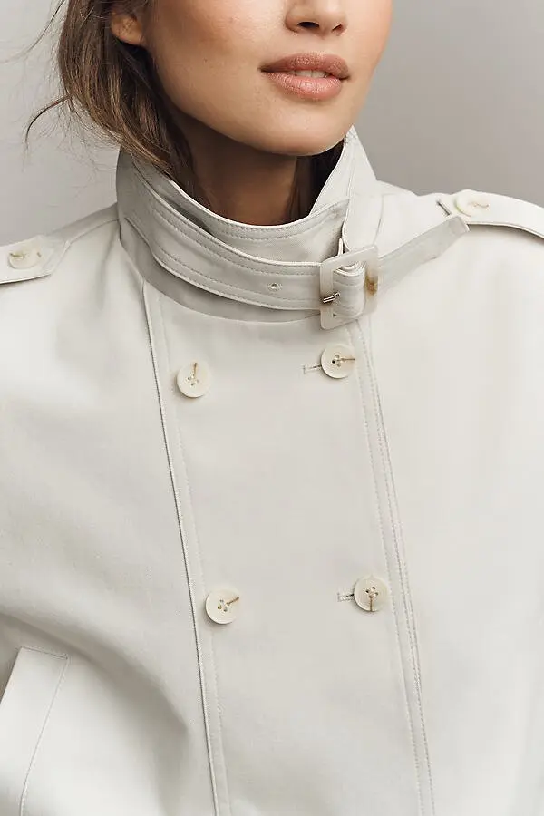Maeve Retta Funnel-neck Double-breasted Short Trench Coat Jacket - Light Sand