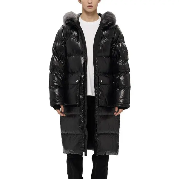 ALPHA STYLE Long Hooded Down Parka - Black