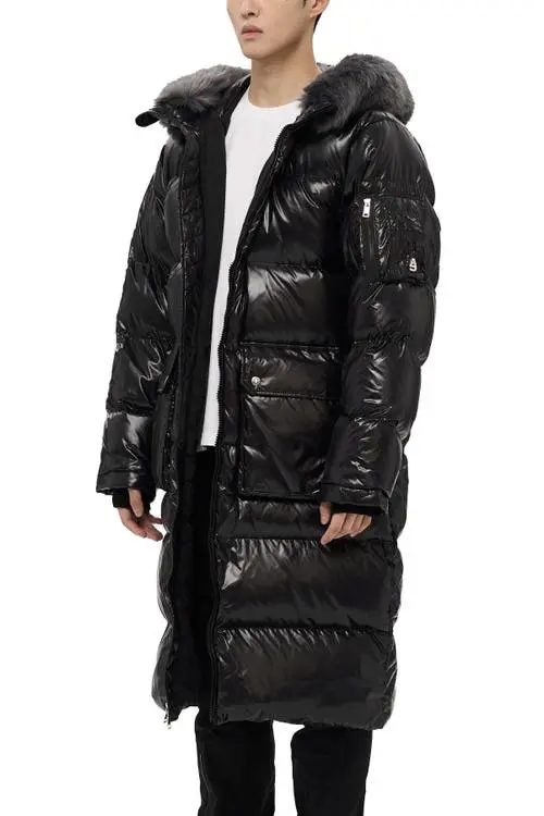 ALPHA STYLE Long Hooded Down Parka - Black