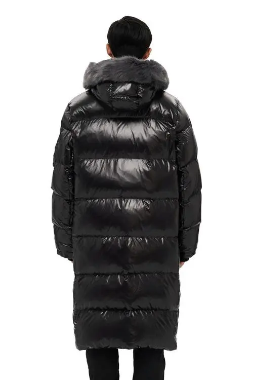 ALPHA STYLE Long Hooded Down Parka - Black