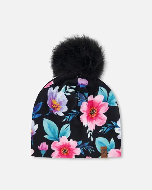 DEUX PAR DEUX Stretch Jersey Hat With Pompom - Black Floral Print