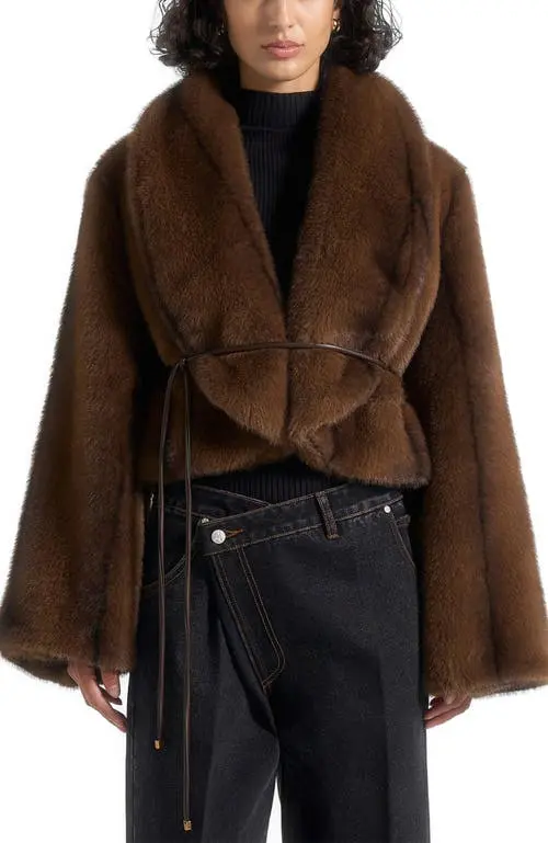 Manière De Voir Faux Fur Shawl Jacket With Leather Belt