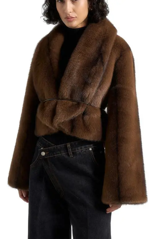 Manière De Voir Faux Fur Shawl Jacket With Leather Belt