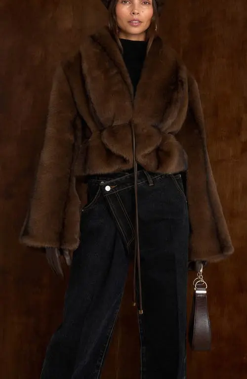 Manière De Voir Faux Fur Shawl Jacket With Leather Belt