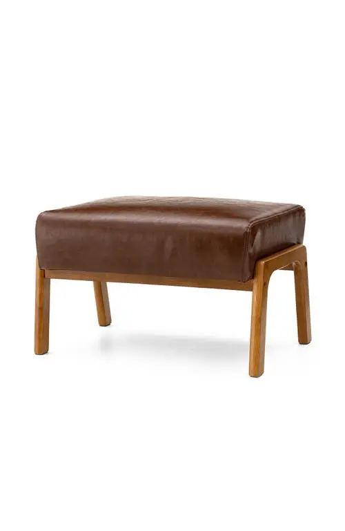 GLITZHOME Mid-century Modern Faux Leather Accent Stool With Walnut Rubberwood Legs - Coffee