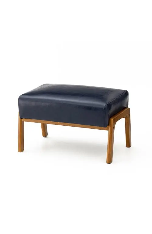 GLITZHOME Mid-century Modern Faux Leather Accent Stool With Walnut Rubberwood Legs - Navy Blue
