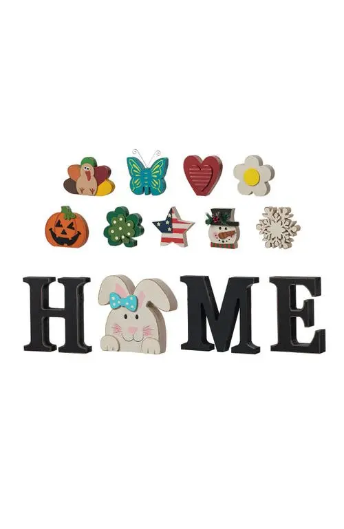GLITZHOME 13-pieces Wooden Interchangeable Home Tabletop Sign With Seasonal Icons - Black