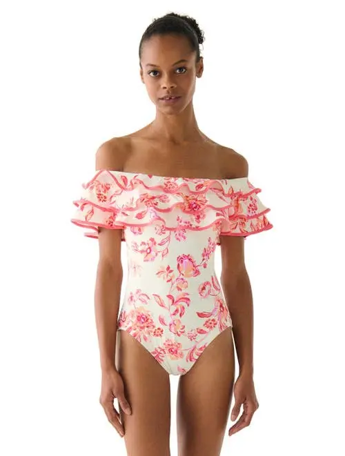 Kate Spade New York Floral Toile Ruffle One-piece Swimsuit - Light Cantaloupe