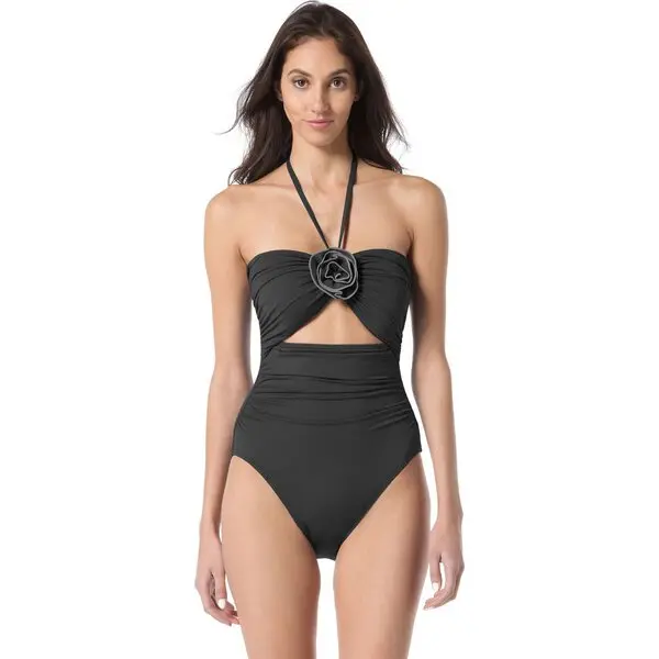 Kate Spade New York Contrast Rosette Solids Bandeau One Piece Swimsuit - Black