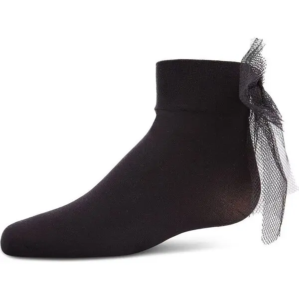MEMOI Microfiber Tulle Bow Anklet Socks - Black