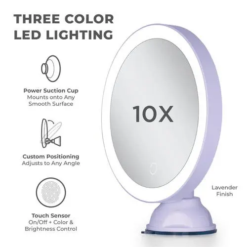ZADRO Lighted Wall Mounted Suction Cup Makeup Mirror With 10x Magnification - Lavender