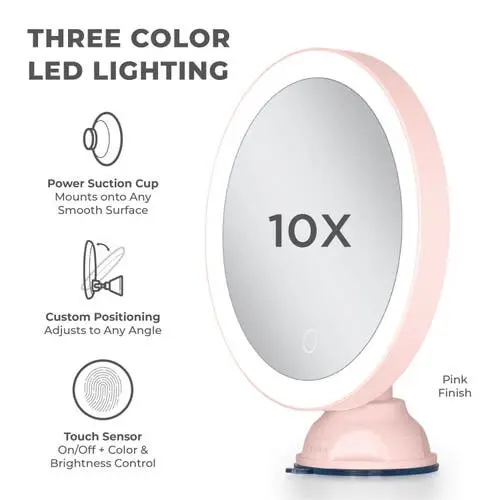 ZADRO Lighted Wall Mounted Suction Cup Makeup Mirror With 10x Magnification - Pink