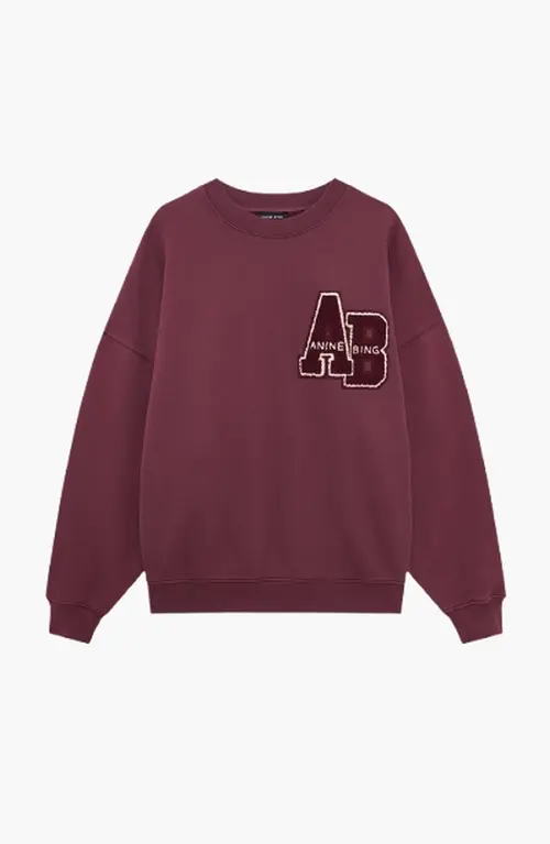 ANINE BING Oversized Cotton Fleece Crewneck Sweatshirt With Chenille Patch - Fig