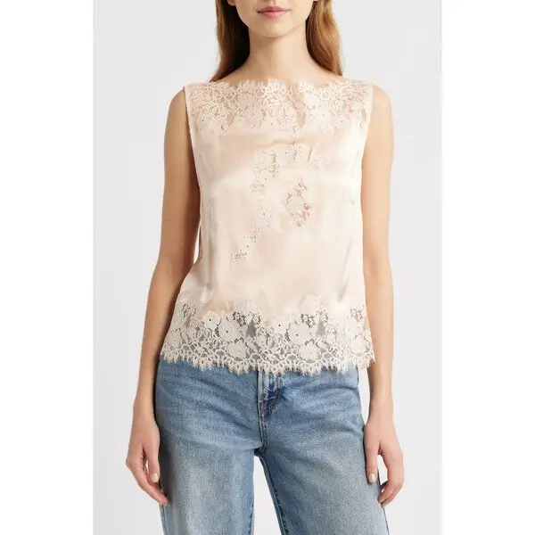 DÔEN Viviane Lace Trim Silk Satin Top - Peach Sorbet