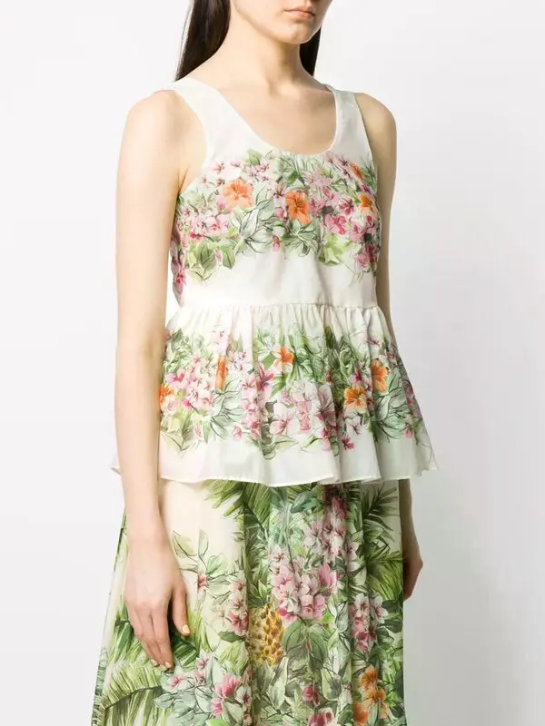 TWINSET Sleeveless Floral Print Peplum Blouse
