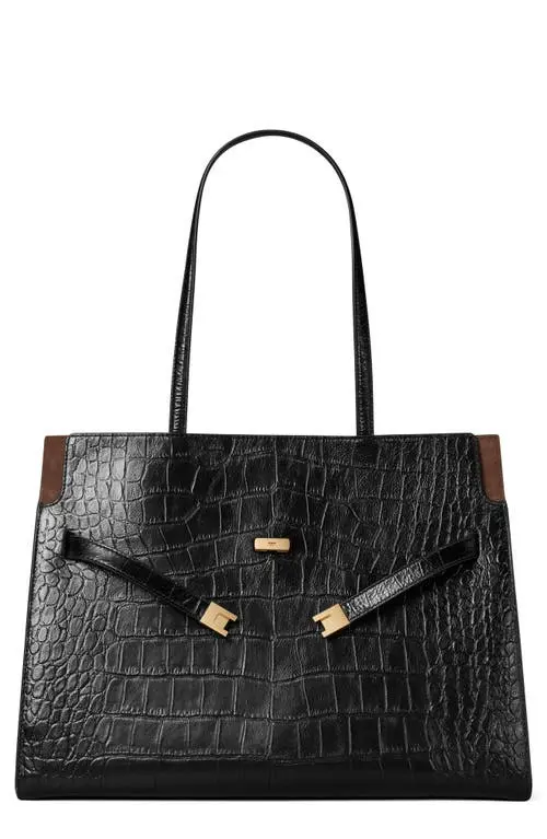 Tory Burch Lee Radziwill Croc-embossed Leather Tote - Black