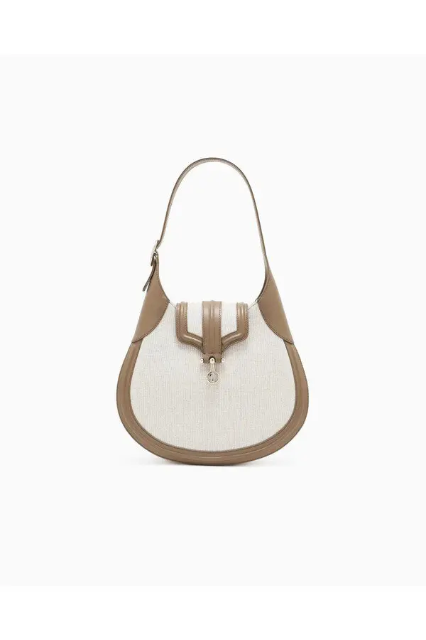 Giorgio Armani Small Hobo Bag In Canvas And Leather - Beige