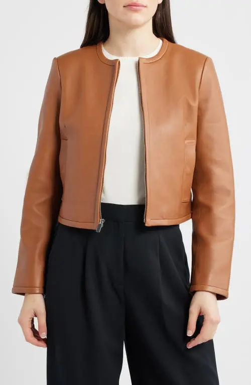 Theory Cropped Leather Jacket - Bright Cognac