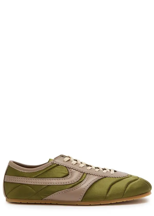 Dries Van Noten Quilted Panelled Leather And Satin Sneakers - Olive