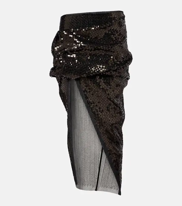 Rick Owens Draped Sequined Denim Midi Skirt - Black