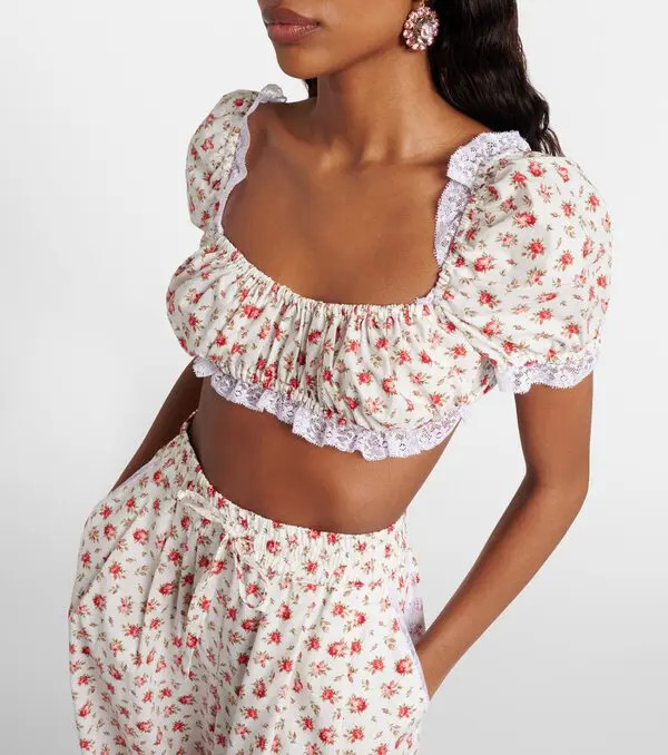 Dolce & Gabbana Floral Lace-trimmed Cotton Poplin Crop Top
