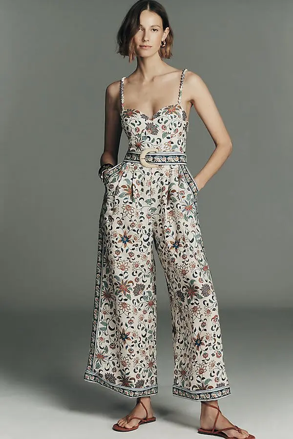 Farm Rio Delhi Sleeveless Sweetheart Linen Jumpsuit - Off-white