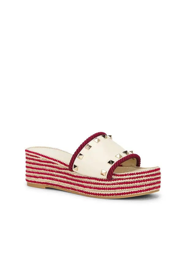 Valentino Garavani Rockstud Flatform Espadrille Slide - Butter White & Classic Red