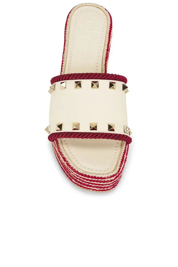 Valentino Garavani Rockstud Flatform Espadrille Slide - Butter White & Classic Red