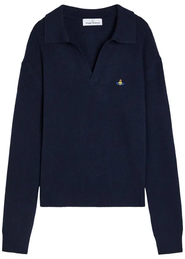 VIVIENNE WESTWOOD Logo-embroidered Wool & Cashmere Blend Polo Jumper - Navy