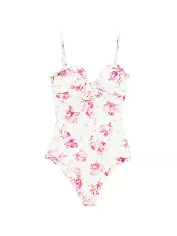 Magda Butrym Floral-print Rose-appliqué Swimsuit - Neutrals