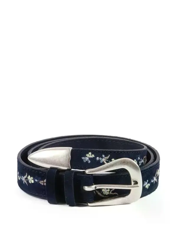 ORTIGNI Floral-embroidered Leather Belt - Blue