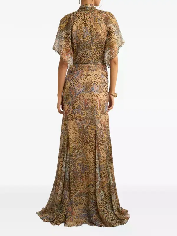 Etro Long Silk Chiffon Dress With Paisley And Animal Print - Neutrals