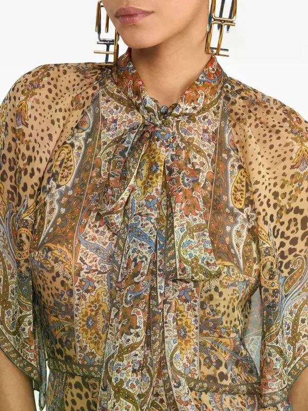 Etro Long Silk Chiffon Dress With Paisley And Animal Print - Neutrals