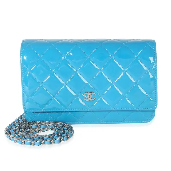 Chanel Quilted Patent Classic Wallet On Chain - Blue