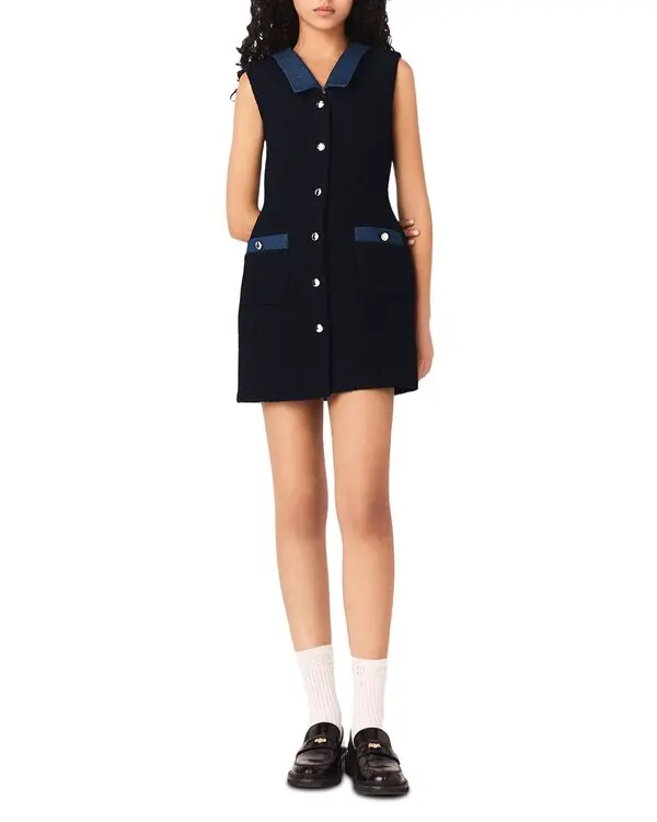 Maje Tweed Dress With Denim Details - Navy