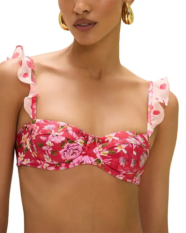 PatBO Peony Print Bikini Top With Ruffle Straps - Red