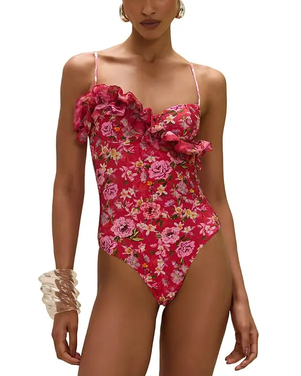 PatBO Peony Print Ruffle One-piece Swimsuit - Red