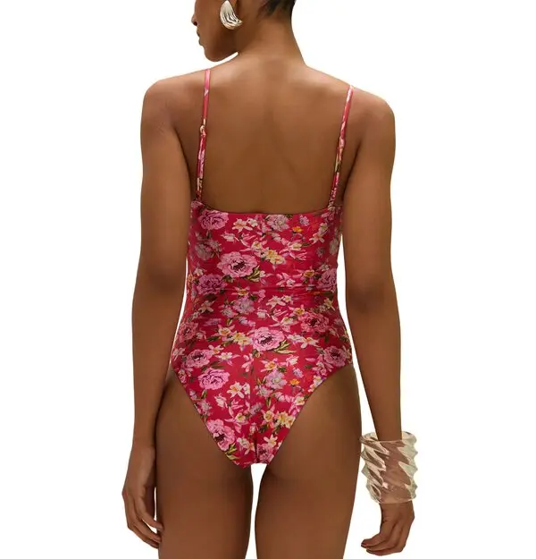PatBO Peony Print Ruffle One-piece Swimsuit