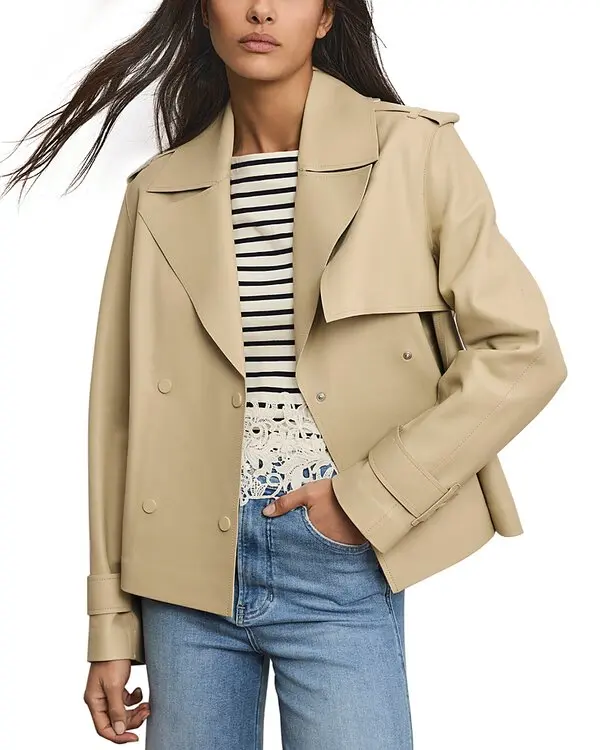 Veronica Beard Heathcliff Cropped Leather Trench Jacket - Stone Khak