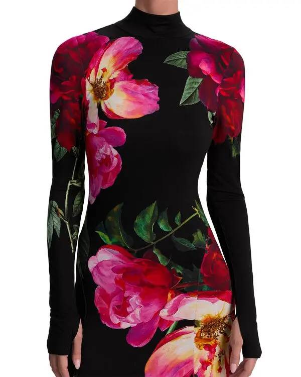 Alice + Olivia Augusta Obk Long Sleeve Turtleneck Dress - Empress Bloom Black