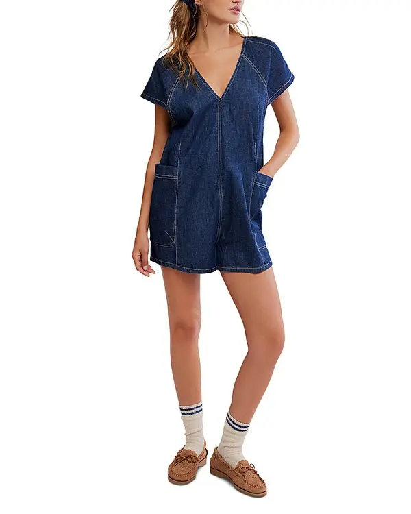 Free People Free Fall Denim Romper - Deep Blue
