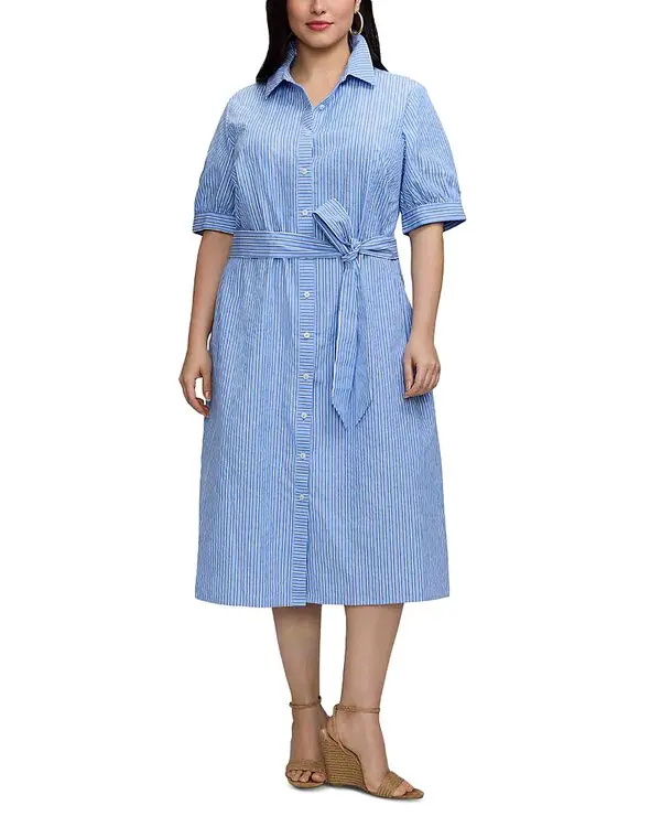 Foxcroft Esther Elbow Sleeve Mini Stripe Seersucker Dress - Blue Multi