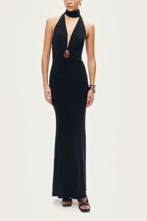 NOCTURNE Halter-neck Draped Maxi Dress - Black