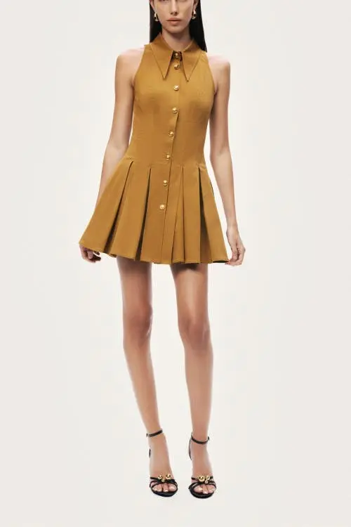 NOCTURNE Sleeveless Pleated Mini Dress - Camel