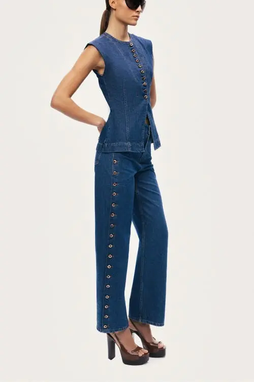 NOCTURNE Eyelet Detail Wide-leg Denim Pants - Navy Blue