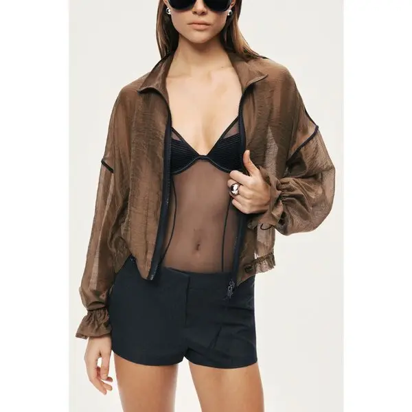 NOCTURNE Sheer Zip-front Jacket With Elasticated Cuffs And Hem - Camel