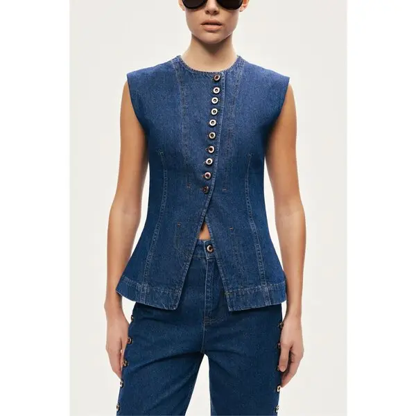 NOCTURNE Button-front Denim Vest - Navy Blue