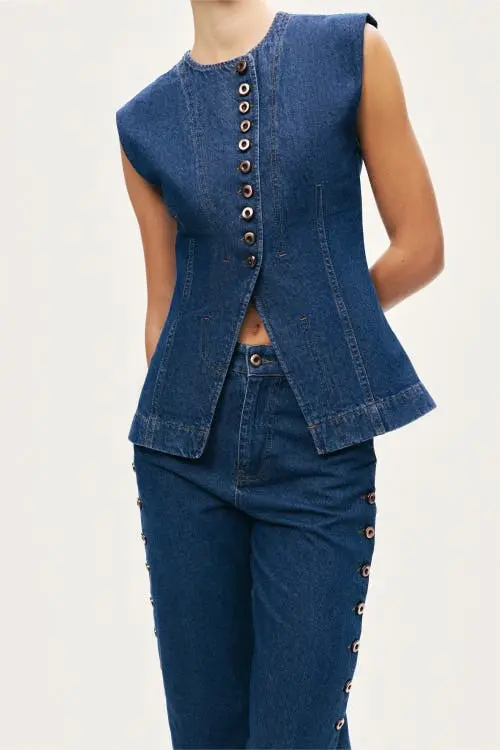 NOCTURNE Button-front Denim Vest - Navy Blue